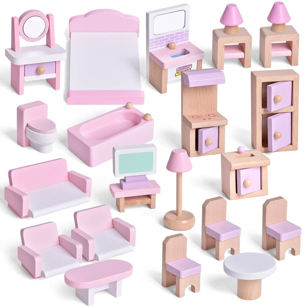 Wooden Dollhouse with Furniture | Fun Little Toys – funlittletoys