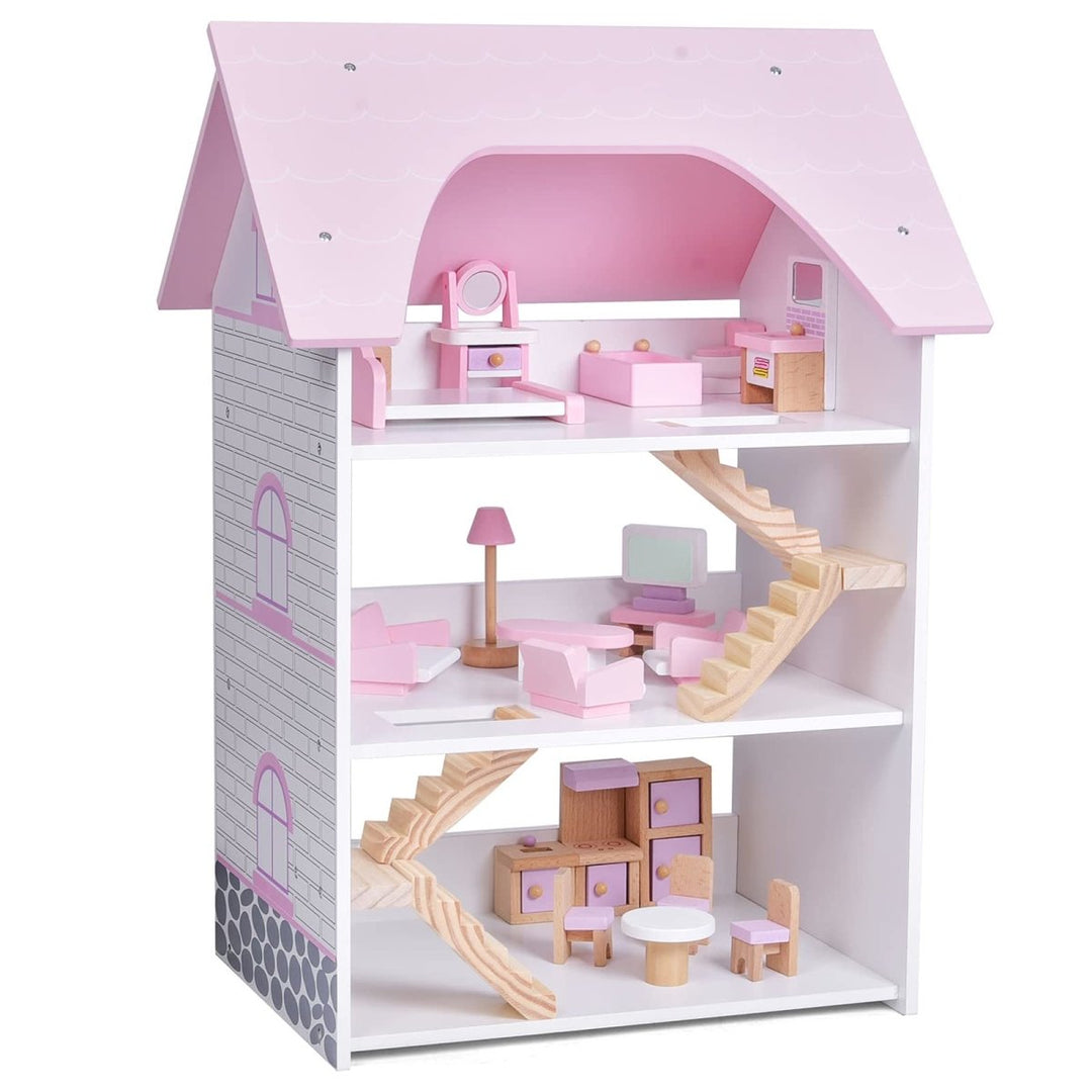 Wooden Dollhouse with Furniture | Fun Little Toys – funlittletoys